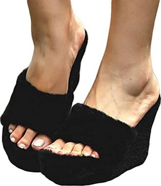 Onsoyours Femme Duveteux Fausse Fourrure Compensé Chaussons Confort Chaud des Pantoufles Intérieur Bout Ouvert Accueil Chaussures A Noir 37 EU