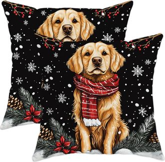 Generic Weihnachts-Golden-Retriever-Hund Kissenh&uuml;lle Atmungsaktiv Kissenbez&uuml;ge Weich Kissenh&uuml;llen F&uuml;r Sofa Schlafzimmer Heimdekoration 45X45Cm 2Er Set