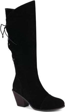 Generic Bottes d&eacute;quitation vintage en faux daim pour femme, bout rond, talons &eacute;pais, lacets dans le dos, chaussures de f&ecirc;te d&eacute;contract&eacute;es, Noir, 37.5 EU