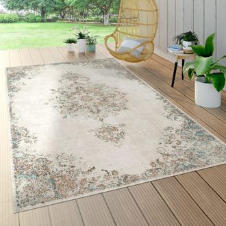Paco Home Outdoor Teppich Wetterfest Wohnzimmer Balkon Küchenteppich Vintage Orientalischer Style Modern Creme Beige, Grösse:160 cm Rund