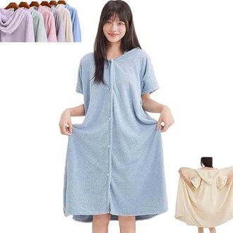Generic Peignoir de bain confortable &agrave; capuche textur&eacute; pour femme, peignoir long &agrave; capuche en peluche, doux et &agrave; s&eacute;chage rapide, bleu, Taille unique
