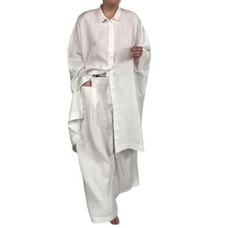 Generic Ensemble de surv&ecirc;tement d&eacute;contract&eacute; en coton et lin pour femme - Chemise de couleur unie - Pantalon large - Combinaison de loisirs pour femme, blanc, 