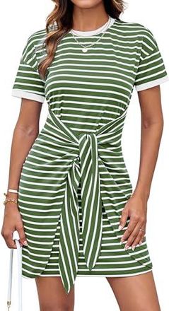 Grace Karin Robe dété à rayures pour femme - Manches courtes - Col rond - Mini robe décontractée, Rayures blanches et vertes, L