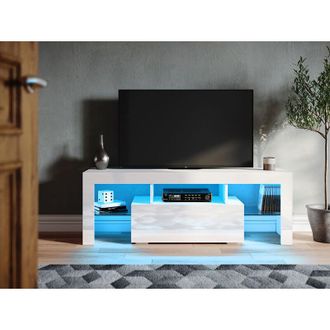 Sonni Sonni - tv Schrank Wei&szlig; mit Klappt&uuml;r tv Board led Beleuchtung tv Lowboard Hochglanz Mit Glasfront 130x35x45cm