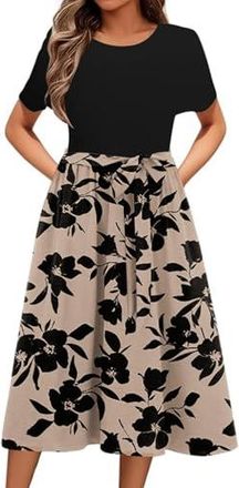 Generico Femmes Robes dÉté Col Rond Élégant Curvy Manches Courtes Taille Haute Midi Robes Longues Décontracté Large Floral Confortable et Doux Robe avec Poches