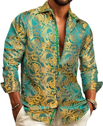 Barry.Wang Chemise habill&eacute;e pour homme en soie cachemire &agrave; manches longues boutonn&eacute;e grande et grande chemise tendance loisirs f&ecirc;te de mariage bal, vert dor&eacute;, XX