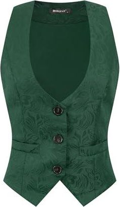 Allegra K Gilet Vintage Femme Boutonné Steampunk Jacquard Sans Manches Costume Gilet Costume femme Vert Foncé L