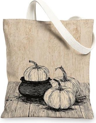 Generic Sacs fourre-tout en toile motif citrouille, sacs réutilisables à motif végétal, vintage, dessinés à la main, légers et lavables, beige, 13x15 Inch