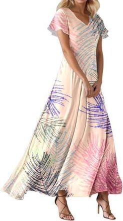 Generic Robe d&eacute;t&eacute; boh&egrave;me 2026 pour femme, robe d&eacute;t&eacute; &eacute;l&eacute;gante avec col en V, fluide, d&eacute;contract&eacute;e, parfaite pour la plage et la vill&eacute;giature, rose clair, XXL