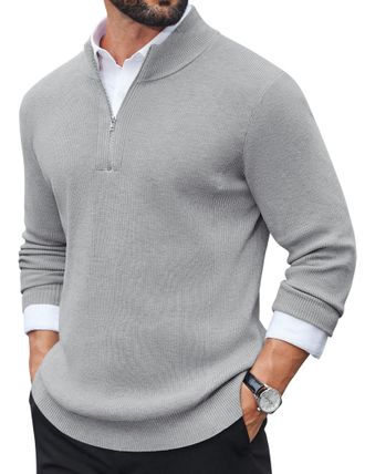 Coofandy Strickpullover Herren Rollkragenpullover Zip Pullover Langarm Pulli Winterpullover Feinstrick Sweater Stehkragen Pullover für Männer Hellgrau XL