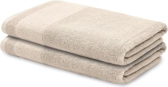 Looks by Wolfgang Joop 2X Handtuch 50x100 cm - 100% Baumwolle Doppelpack Luxus Handtücher mit Aufhänger & Logostick, 2er Set Handtücher beige