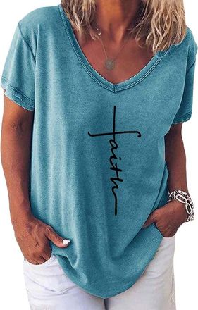 Minetom Damen Sommer T-Shirt V-Ausschnitte Loose Kurzarm Blusen Oversize Shirt Oberteile F Blau 46