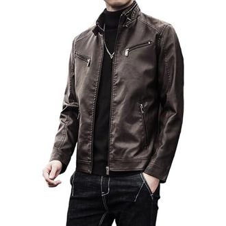 Generic Veste en cuir pour homme, blouson de moto en similicuir coupe slim, couleur caf&eacute;, taille XXL