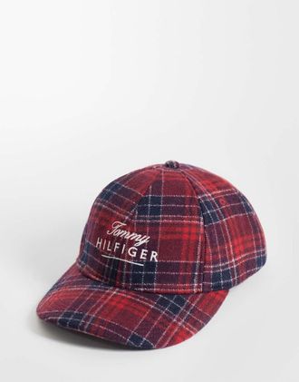 Tommy Hilfiger casquette en m&eacute;lange de laine &agrave; carreaux rouges