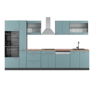 Vicco K&uuml;chenzeile R-Line, Blau-Grau/Anthrazit, 350 cm mit Hochschrank, AP Eiche