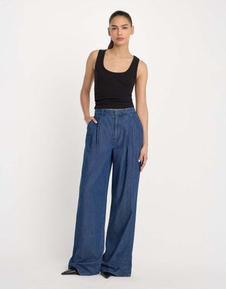 Good American Pantalon large densemble &agrave; pinces et taille haute en coton - Indigo-Bleu marine