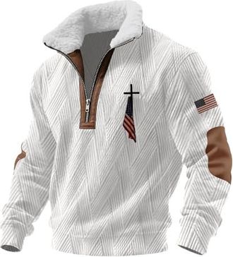 Generic DENGJIAMY Sweat-shirt chrétien pour homme Jésus Croix Faith Chemise texturée Col en polaire T-shirt Drapeau américain Tops Grande taille Pull à fermet