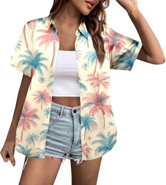 Generic Chemise hawa&iuml;enne tropicale boutonn&eacute;e pour femme - Pour la plage, l&eacute;t&eacute;, les Cara&iuml;bes - Chemise &agrave; manches courtes - Flamant rose hawa&iuml;en - Palmier - Cr