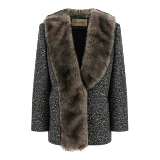Valentino Garavani Eink&ouml;pfiger Chevron Boucl&eacute; Caban mit Shearling - - Jackets - Damen - Schwarzk - 3XS