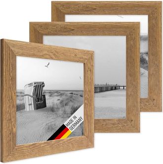 Photolini Bilderrahmen 15x15 cm Holz Eiche-Optik, 3er Set Echtholz-Rahmen rustikal, Strandhaus, Made in Germany, Echtglas, zum Aufhängen & Aufstellen, extra Zub
