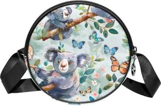 Generic Sac &agrave; bandouli&egrave;re rond pour femme, motif feuilles de koalas, petit sac &agrave; bandouli&egrave;re avec fermeture &eacute;clair, bretelles r&eacute;glables, sac &agrave; main rond d&eacute;con