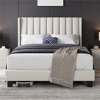 Yaheetech Yaheetech - Lit Double Rembourr&eacute; avec Sommier &agrave; Lattes, Cadre de Lit Moderne pour Adultes 2 Personnes, T&ecirc;te de Lit &agrave; Rayures, Lit en Bois et M&eacute;tal