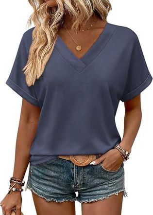 Zeagoo T-shirt pour femme - Col en V - Manches courtes - &Eacute;l&eacute;gant - D&eacute;contract&eacute; - Couleur unie - Tailles S &agrave; 2XL, Bleu saphir, XXL