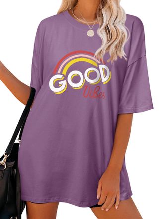Dresswel Oversize T Shirt Damen Good Vibes Regenbogen Druck Oversized Tshirt Sommer Oberteile Kurzarm Rundhals Lang Lockere Shirts Lose Tee Tops f&uuml;r Teenager M
