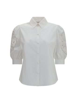Valentino Womens Shirt With Sangallo Lace Sleeves Optical White Cotton