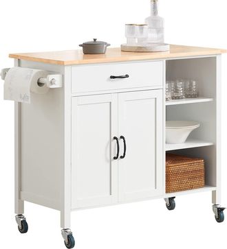 SoBuy FKW103-WN K&uuml;cheninsel Design K&uuml;chenwagen mit Arbeitsplatte K&uuml;chenschrank Rollwagen Sideboard auf Rollen K&uuml;chentrolley Wei&szlig;-Natur BHT ca.: 108x89x48cm