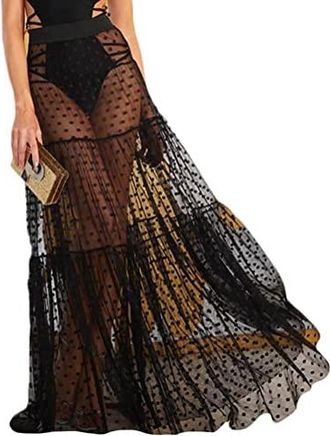 Minetom Longue Jupe Femme Habillée en Tulle Transparent - Maxi Jupe Taille Haute Casual De Bain Plage Clubwear B Noir S