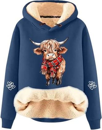 Generic Sweat &agrave; capuche &agrave; manches longues avec cordon de serrage doubl&eacute; en polaire pour femme Motif vache Highland, bleu marine, 4XL
