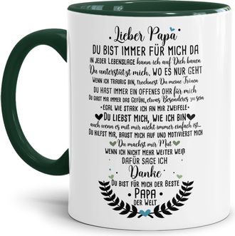 Tassendruck Tasse mit Spruch für Papa - Danke Papa - Geschenk für den besten Papa zum Vatertag - Keramik Innen & Henkel Dunkelgrün, 300 ml