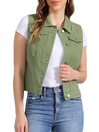Allegra K Damen Jeansweste &Auml;rmellos Knopfleiste Denim Rever Jacke Westen mit Taschen Bohnengr&uuml;n XL
