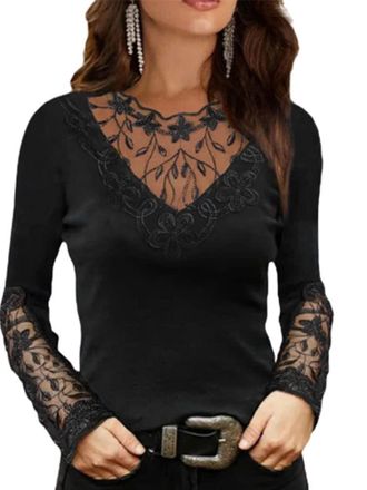 Onsoyours Damen Elegant Blusen Blumenspitzen Oberteile Langarm Bishop &Auml;rmel Tunika Stretchy T-Shirts V-Ausschnitt Mit Schleife Spitzeshirts Oberteile Streetwear