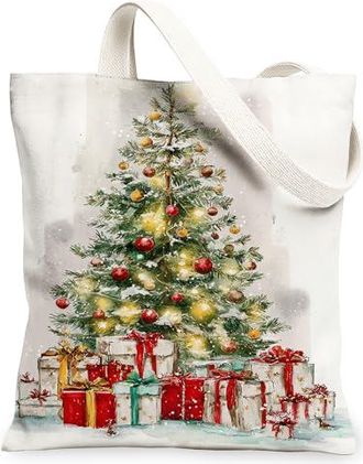 Generic Sacs fourre-tout en toile motif sapin de No&euml;l, sacs de courses r&eacute;utilisables, respectueux de lenvironnement, l&eacute;gers et lavables avec bandouli&egrave;re pour 
