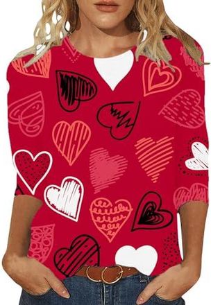 Generic T-shirt &agrave; manches trois-quarts et col rond pour femme Motif coeur 2026 Saint-Valentin, Rouge, XXL