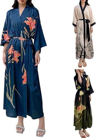 Generic Robe de chambre courte en satin de soie pour femme - Kimono long - Style japonais - Imprimé floral - Robe de bain à manches trois-quarts avec ceinture