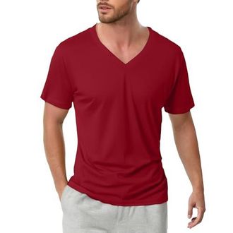 Generic T-shirt pour homme &agrave; la mode avec col en V, couleur unie, d&eacute;contract&eacute;, confortable, respirant, Bordeaux, XL