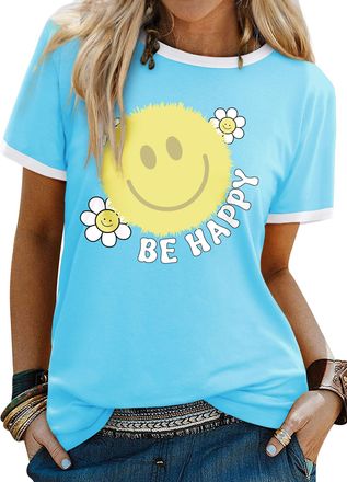 Dresswel Tshirt Damen Be Happy L&auml;chelndes Gesicht Druck T-Shirt Rundhals Kurzarm T Shirts Sommer Oberteile Tee Tops Bluse