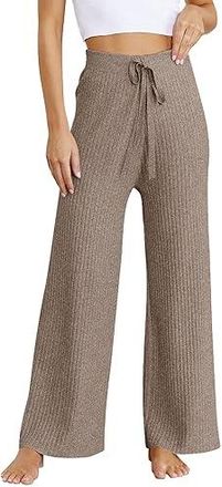 Generic Pantalon pull décontracté en tricot côtelé pour femme - Taille élastique - Cordon de serrage - Jambe large - Pantalon de pyjama Palazzo uni et confort