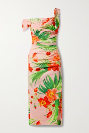 Carolina Herrera Asymmetrisches Midikleid Aus Bedruckter Stretch-baumwollpopeline - Pink