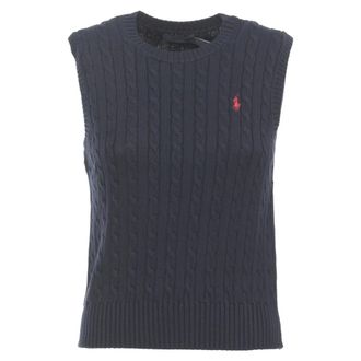 Ralph Lauren Femme, Pulls, Bleu, Taille: 40 FR Pull Tricot&eacute; Sans Manches &agrave; Col Rond et Torsades
