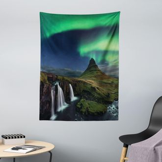 Abakuhaus Nordlicht Wandteppich, Wasserfall Nacht aus Weiches Mikrofaser Stoff Waschbar ohne Verblassen Digitaldruck, 110 x 150 cm,Polargrün Blau