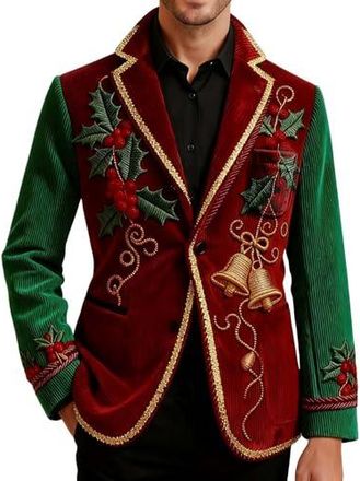 Generic Blazer de Noël pour homme, veste en velours côtelé pour homme, blazer de Noël moche pour homme, costume festif, coupe ajustée, veste de costume fantai