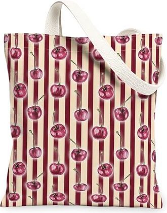 Generic Sacs fourre-tout en toile ray&eacute;e cerises, sacs d&eacute;picerie r&eacute;utilisables, sacs d&eacute;picerie r&eacute;utilisables, l&eacute;gers et lavables, bandouli&egrave;re Ca, Rouge, 13x15 