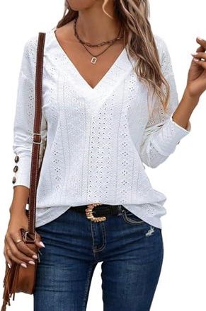 Dokotoo Chemisiers et Blouses Femme Automne T-Shirts à Manches Longues Chemise col V Blouse Chic et élégant Chemisier en Dentelle Tshirt Tops Blanc 2XL