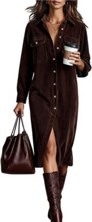 Generic Robe chemise midi boutonnée en velours côtelé pour femme, robe midi longue décontractée à revers en forme de trapèze avec poches, marron foncé, L