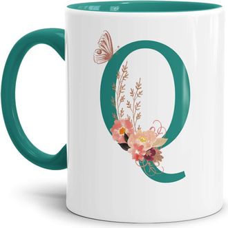 Tassendruck Buchstaben-Tasse mit Blumen - Buchstabe Q - Innen & Henkel Türkis - Mug/Cup/Becher/Edel/Geschenk-Idee/Beste Qualität - 25 Jahre Erfahrung