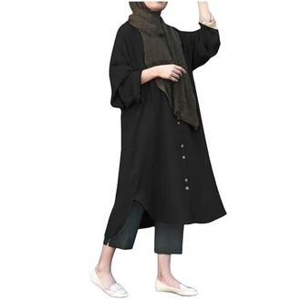 Generic Robe d&eacute;t&eacute; pour femme musulmane Abaya &agrave; manches longues avec boutonni&egrave;re - Robe d&eacute;contract&eacute;e Duba&iuml;, Noir, 5XL